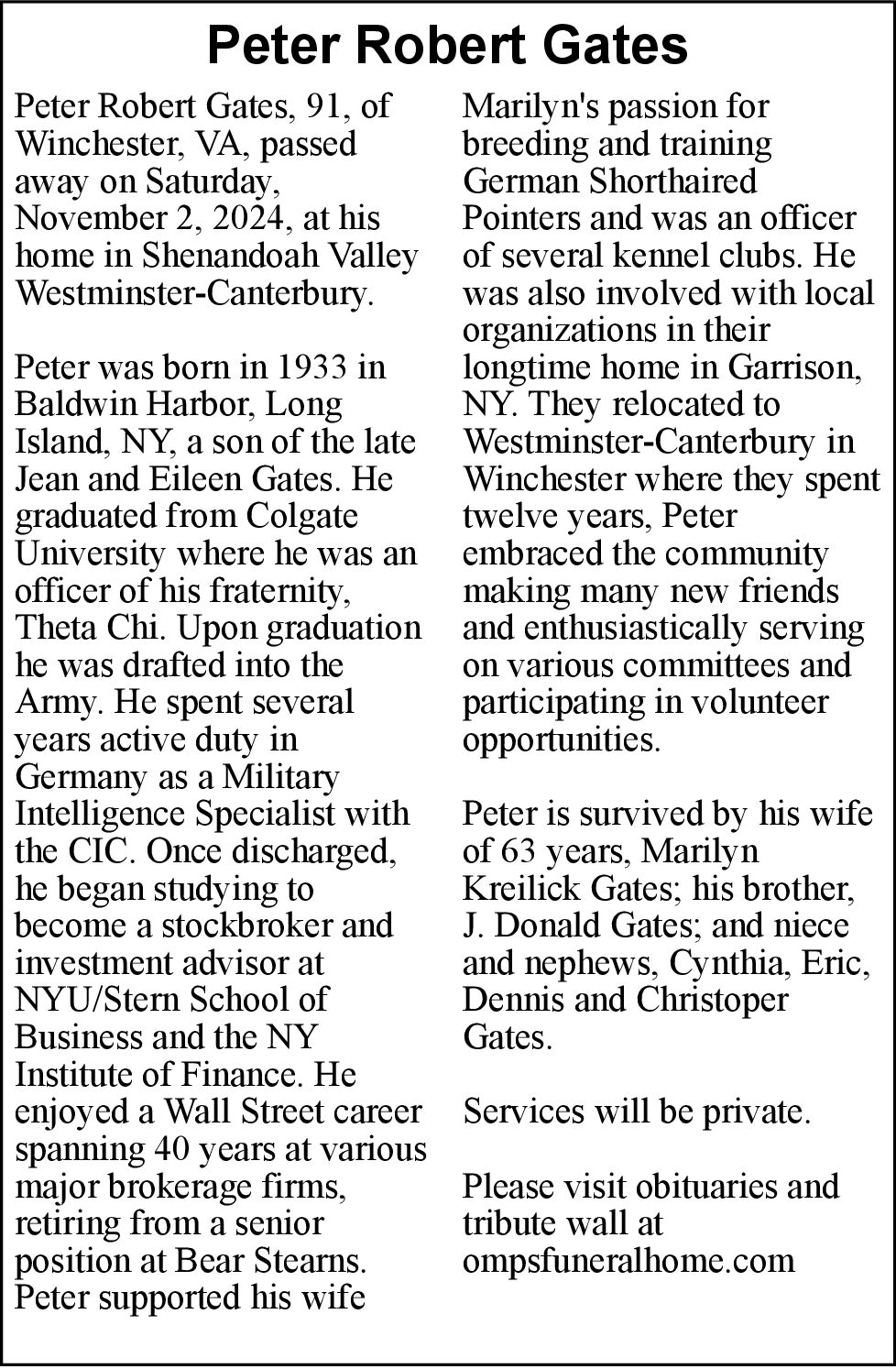 Peter Robert Gates | Obituaries | winchesterstar.com