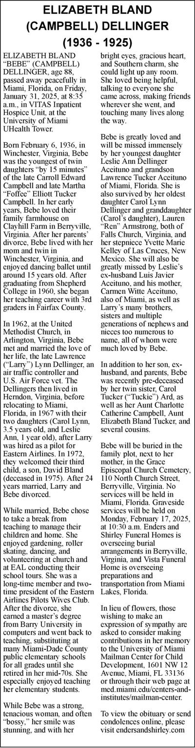 ELIZABETH BLAND (CAMPBELL) DELLINGER (1936 - 1925) | Obituaries ...