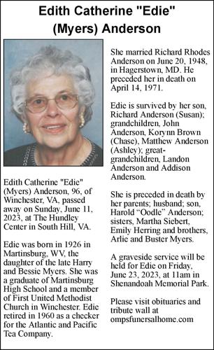 Edith Catherine "Edie" (Myers) Anderson | Obituaries | winchesterstar.com