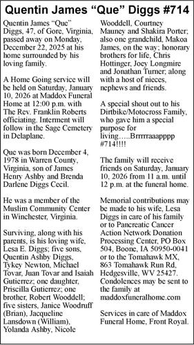 Quentin James “Que” Diggs #714 | Obituaries | winchesterstar.com