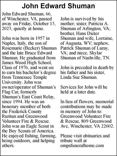 John Edward Shuman | Obituaries | winchesterstar.com