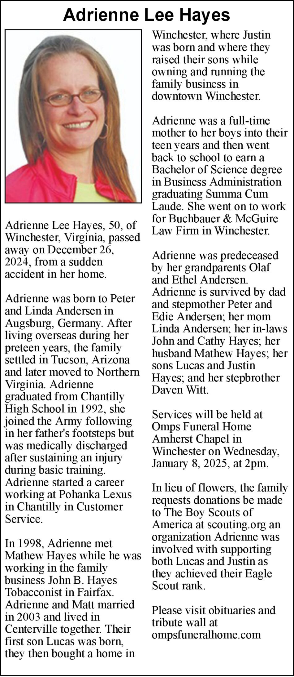Adrienne Lee Hayes | Obituaries | winchesterstar.com