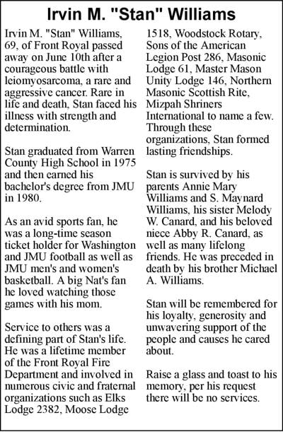 Irvin M. "Stan" Williams | Obituaries | winchesterstar.com