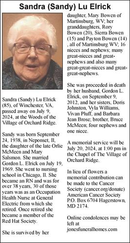 Sandra (Sandy) Lu Elrick | Obituaries | winchesterstar.com