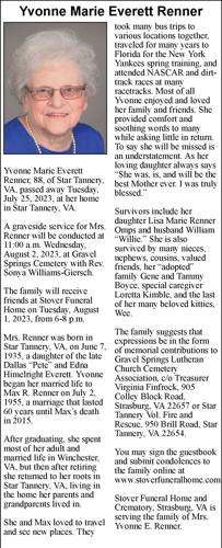 Yvonne Marie Everett Renner | Obituaries | winchesterstar.com