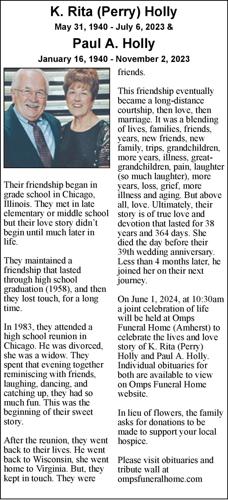 K. Rita (Perry) Holly May 31, 1940 -July 6, 2023 & Paul A. Holly January 16, 1940- November 2 ...