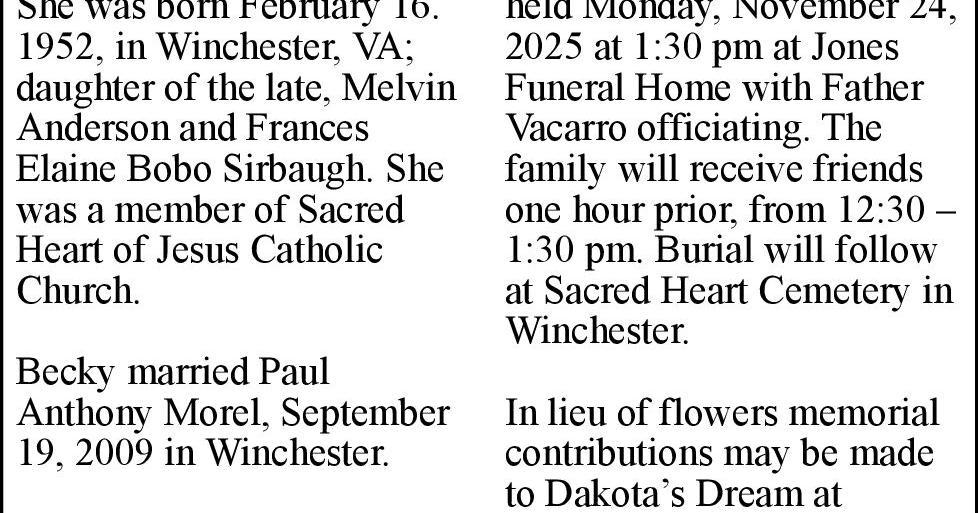 Rebecca Sirbaugh Morel “Becky” | Obituaries | winchesterstar.com