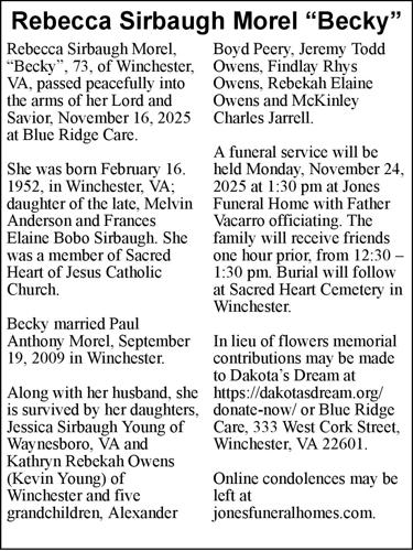 Rebecca Sirbaugh Morel “Becky” | Obituaries | winchesterstar.com