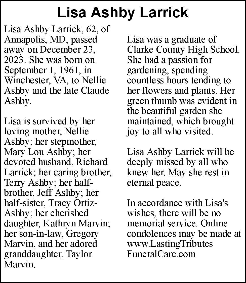 Lisa Ashby Larrick | Obituaries | winchesterstar.com