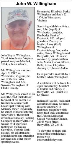 John W. Willingham | Obituaries | winchesterstar.com