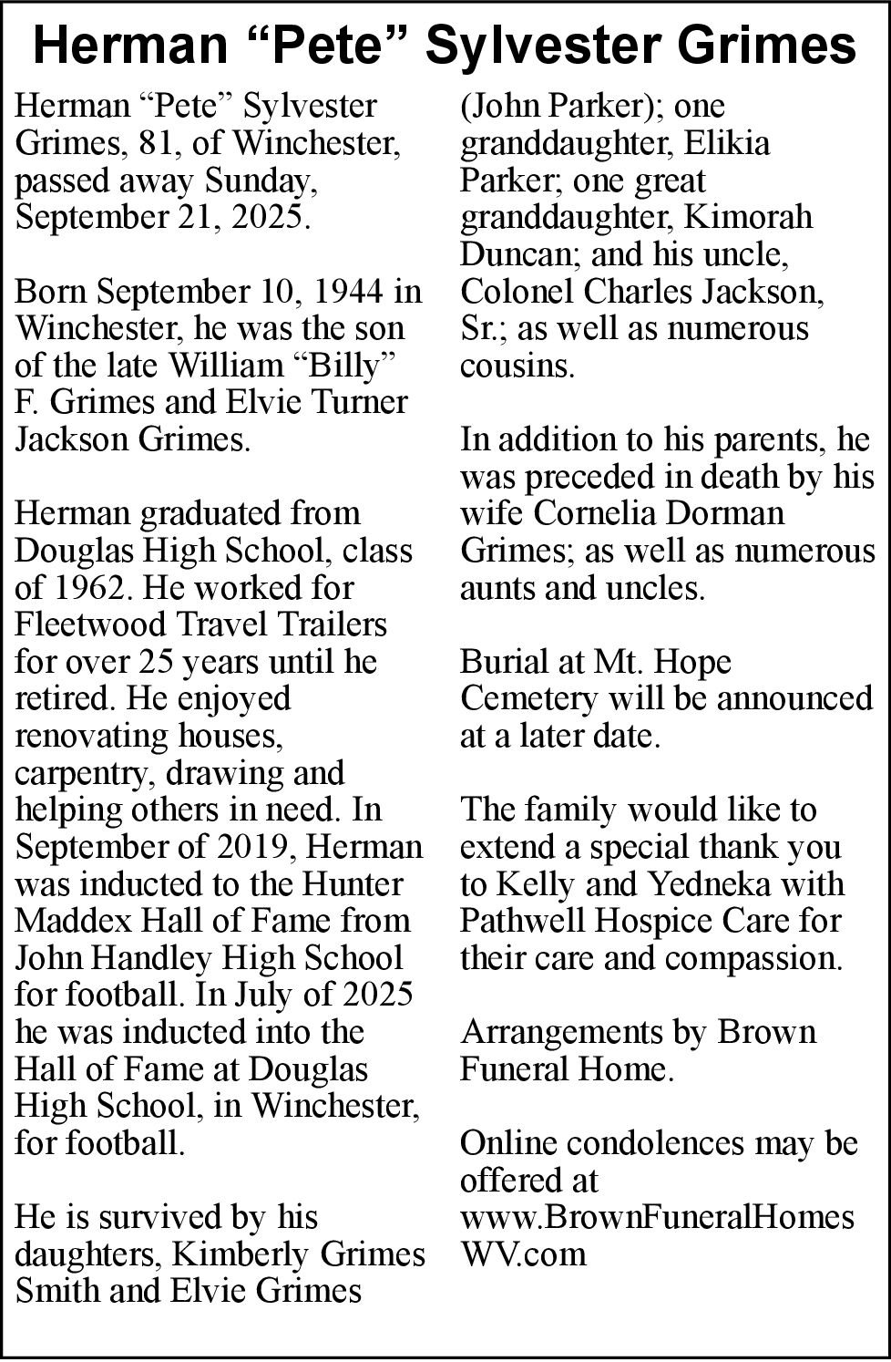 Herman “Pete” Sylvester Grimes | Obituaries | winchesterstar.com