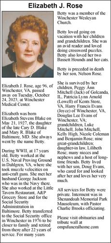Elizabeth J. Rose | Obituaries | winchesterstar.com
