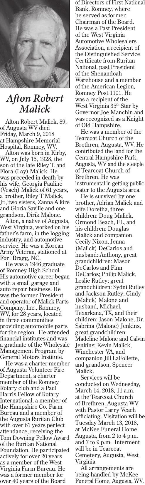 Afton Robert Malick | Obituaries | winchesterstar.com