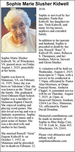 Sophie Marie Slusher Kidwell | Obituaries | winchesterstar.com