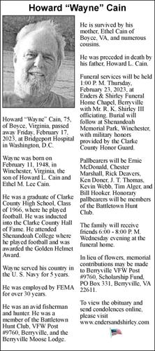 Howard “Wayne” Cain | Obituaries | winchesterstar.com