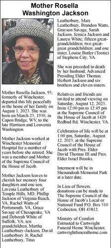 Mother Rosella Washington Jackson | Obituaries | winchesterstar.com