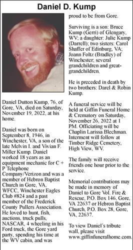 Daniel D. Kump | Obituaries | winchesterstar.com