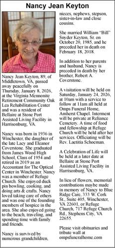 Nancy Jean Keyton | Obituaries | winchesterstar.com
