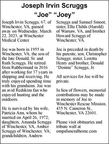 Joseph Irvin Scruggs “Joe” “Joey” | Obituaries | winchesterstar.com