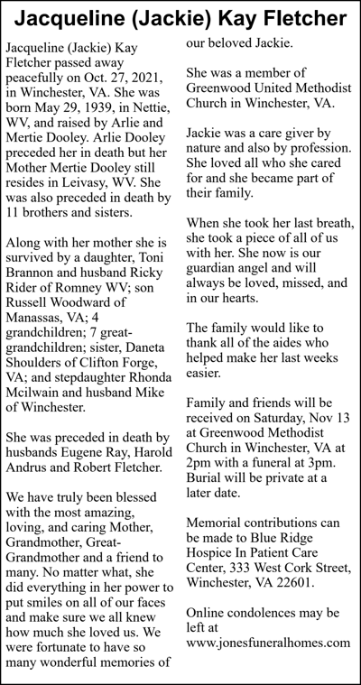 Jacqueline (Jackie) Kay Fletcher | Obituaries | winchesterstar.com