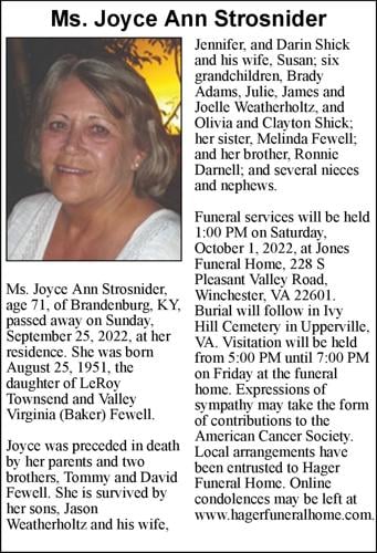 Ms. Joyce Ann Strosnider | Obituaries | winchesterstar.com