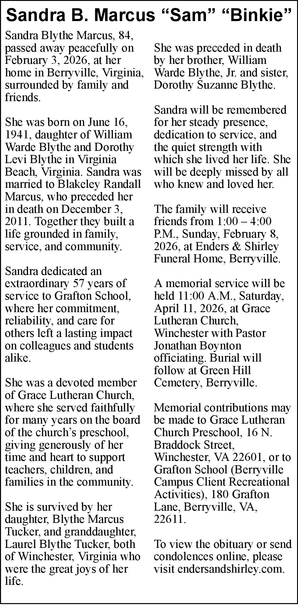Sandra B. Marcus “Sam” “Binkie” | Obituaries | winchesterstar.com
