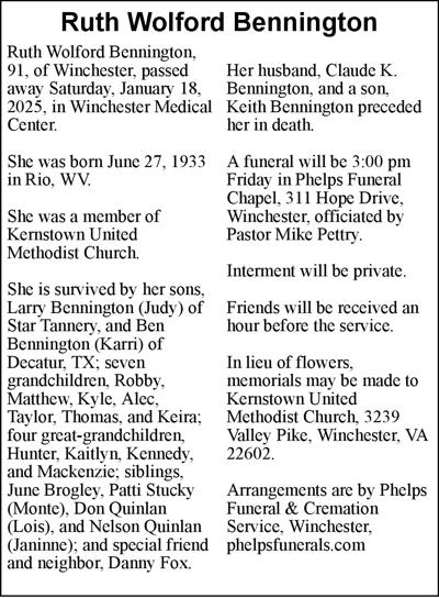 Ruth Wolford Bennington | Obituaries | winchesterstar.com