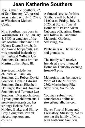 Jean Katherine Southers | Obituaries | winchesterstar.com