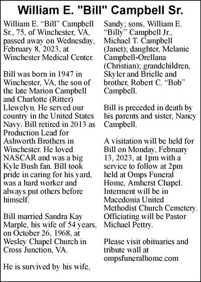 William E. "Bill" Campbell Sr. | Obituaries | winchesterstar.com