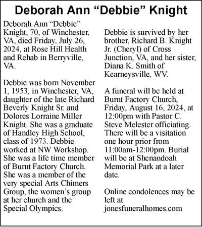 Deborah Ann “Debbie” Knight | Obituaries | winchesterstar.com