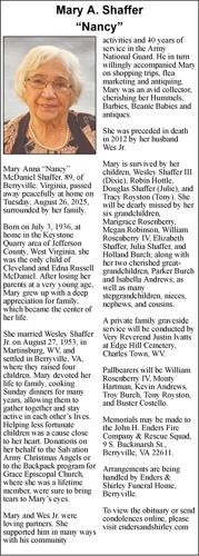 Mary A. Shaffer “Nancy” | Obituaries | winchesterstar.com
