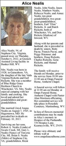 Alice Nealis | Obituaries | winchesterstar.com