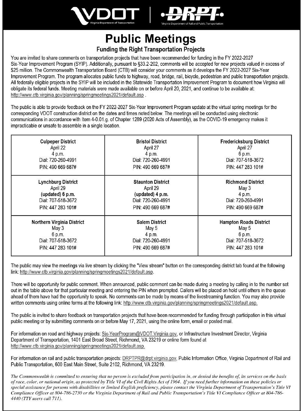 VDOT REVISED Public Meetings | Notices | winchesterstar.com
