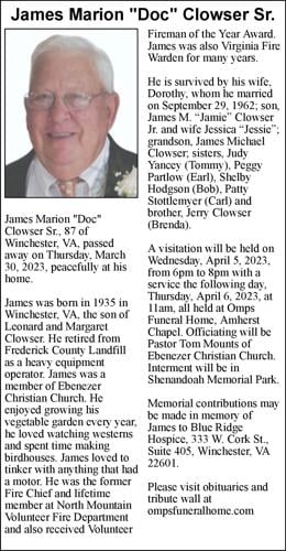 James Marion "Doc" Clowser Sr. | Obituaries | winchesterstar.com