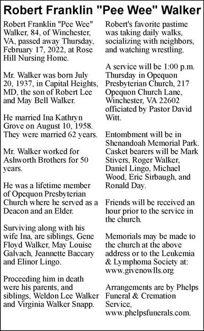 Robert Franklin "Pee Wee" Walker | Obituaries | winchesterstar.com