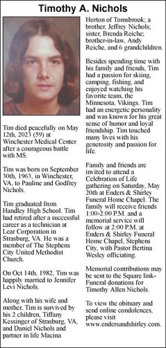 Timothy A. Nichols | Obituaries | winchesterstar.com