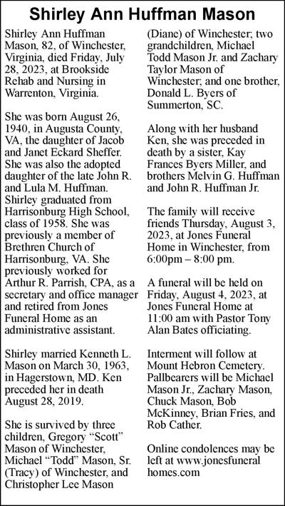 Shirley Ann Huffman Mason | Obituaries | winchesterstar.com
