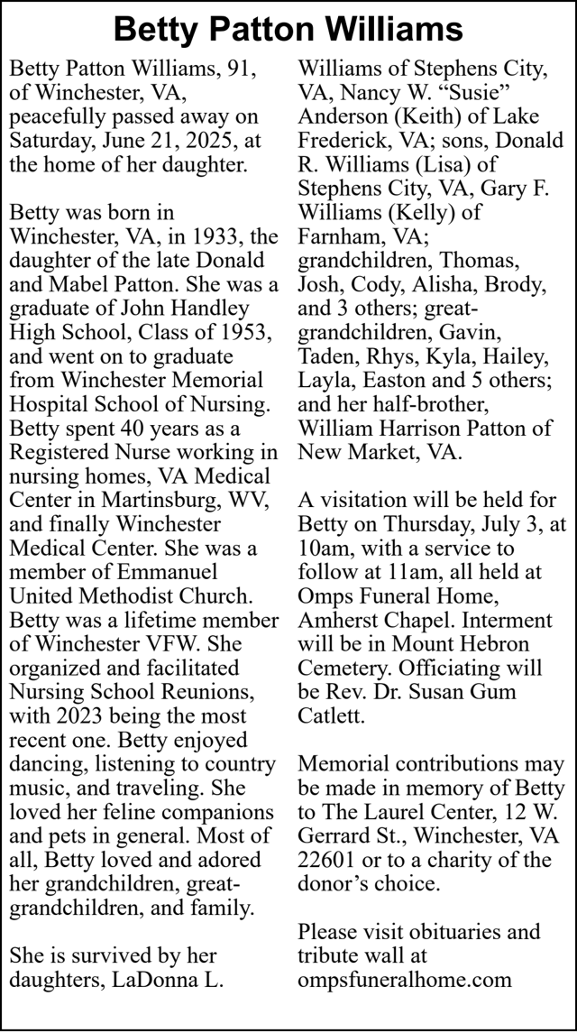 Betty Patton Williams | Obituaries | winchesterstar.com