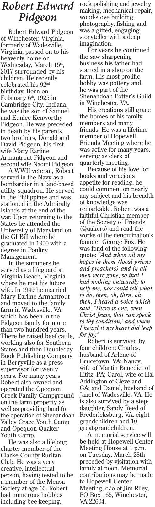 Robert Edward Pidgeon | Obituaries | winchesterstar.com