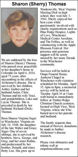 Sharon (Sherry) Thomas | Obituaries | winchesterstar.com