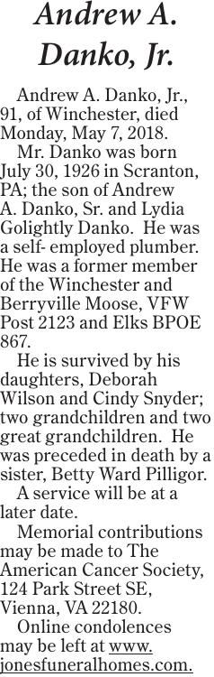 Andrew A. Danko, Jr. | Obituaries | winchesterstar.com