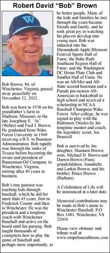 Robert David “Bob” Brown | Obituaries | winchesterstar.com