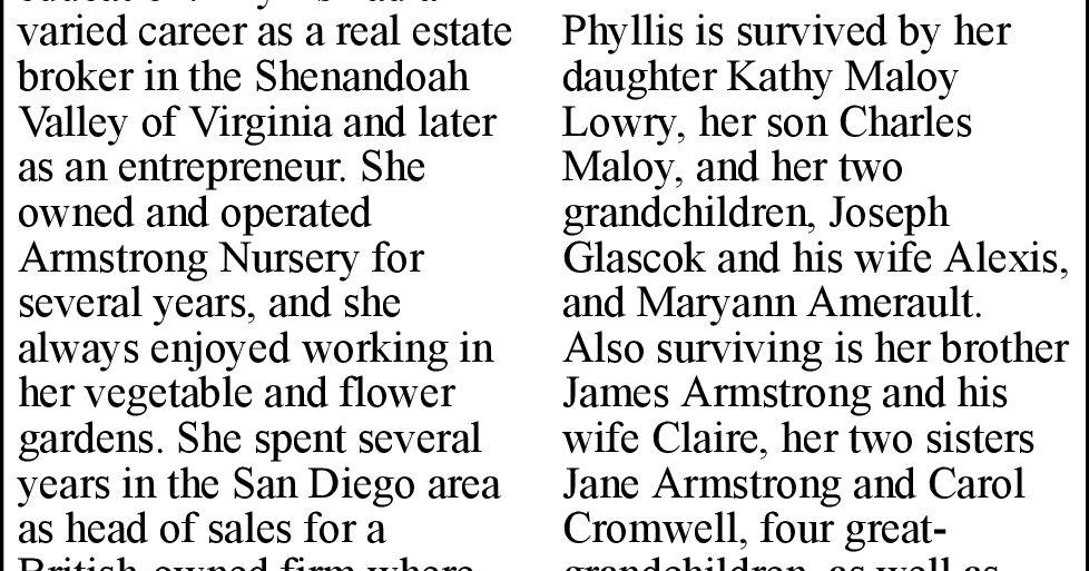 Phyllis Armstrong Maloy | Obituaries | winchesterstar.com