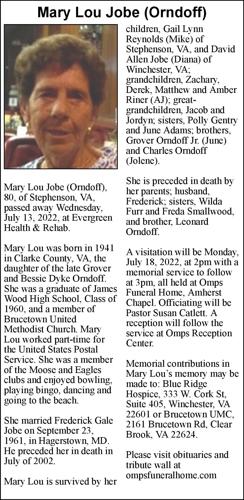 Mary Lou Jobe (Orndoff) | Obituaries | winchesterstar.com