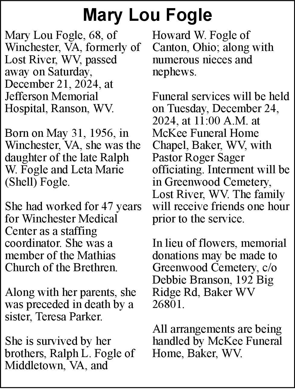 Mary Lou Fogle | Obituaries | winchesterstar.com