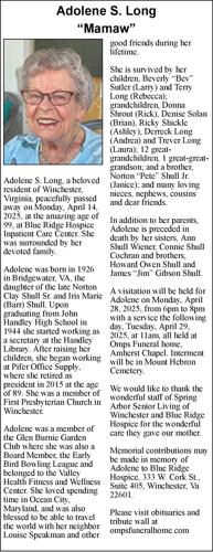 Adolene S. Long “Mamaw” | Obituaries | winchesterstar.com