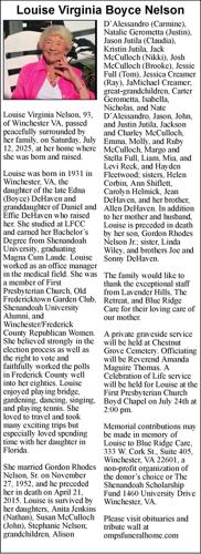 Louise Virginia Boyce Nelson | Obituaries | winchesterstar.com