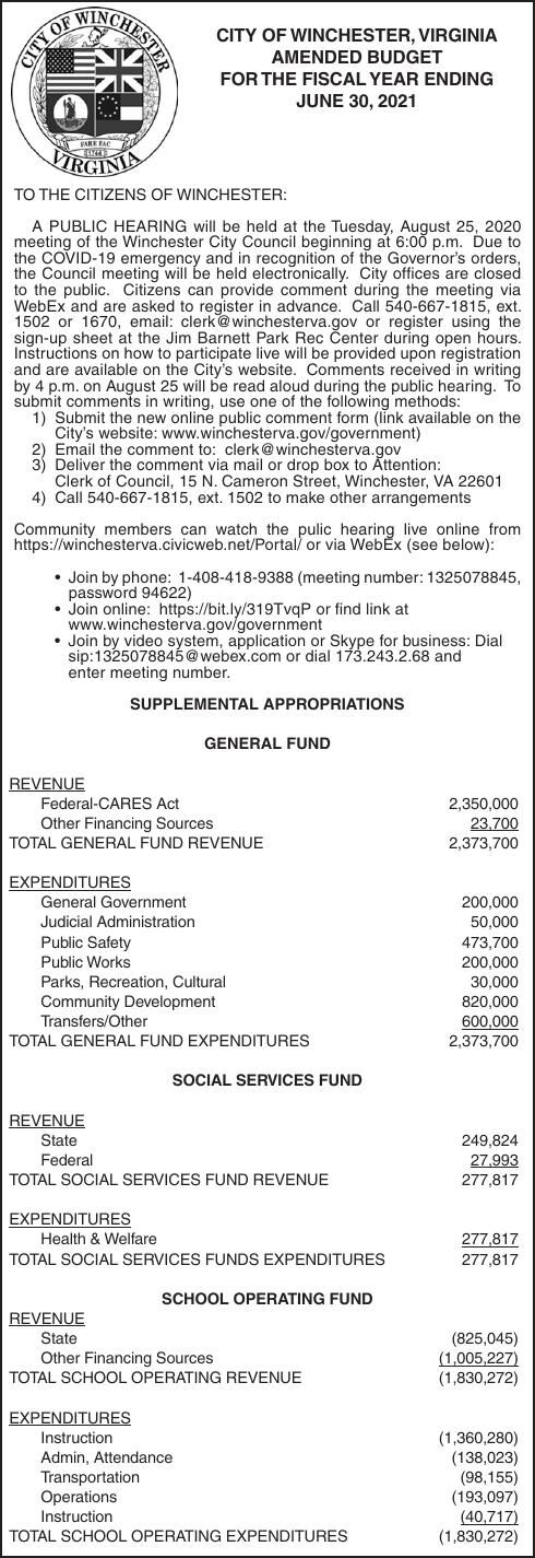 City Amended Budget | Notices | winchesterstar.com