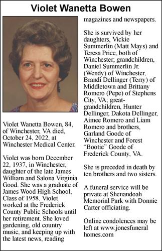 Violet Wanetta Bowen | Obituaries | winchesterstar.com