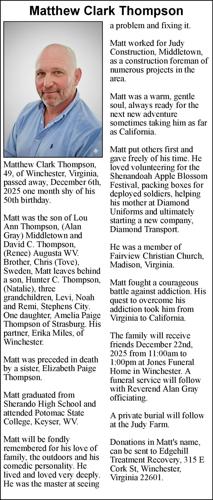 Matthew Clark Thompson | Obituaries | winchesterstar.com